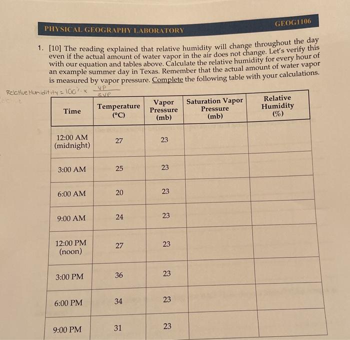 Solved GEOGT106 PHYSICAL GEOGRAPHY LABORATORY 1. [10] The | Chegg.com