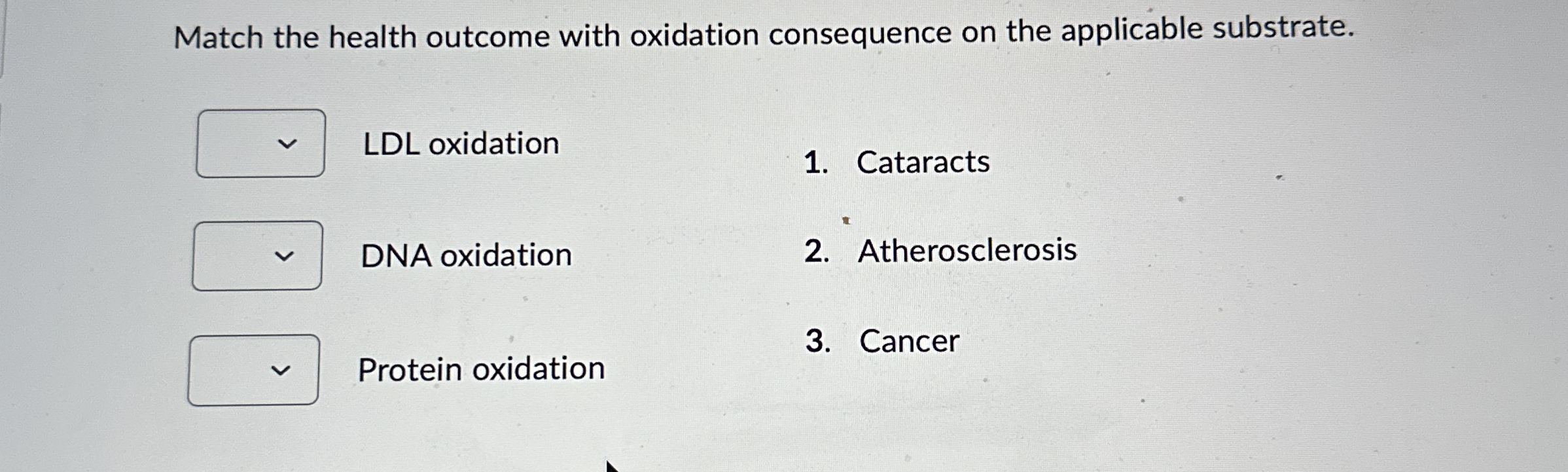 Solved Match the health outcome with oxidation consequence | Chegg.com