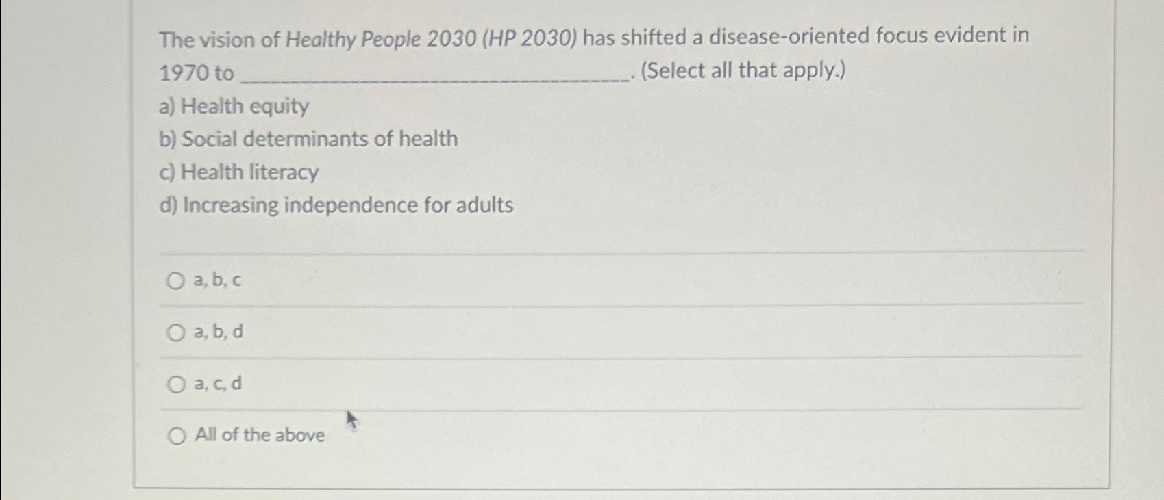 Solved The vision of Healthy People 2030 (HP 2030) ﻿has | Chegg.com