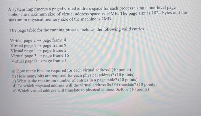 Solved A system implements a paged virtual address space for | Chegg.com