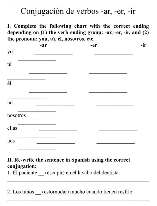 Conjugación de verbos -ar, -er, -ir I. Complete the | Chegg.com