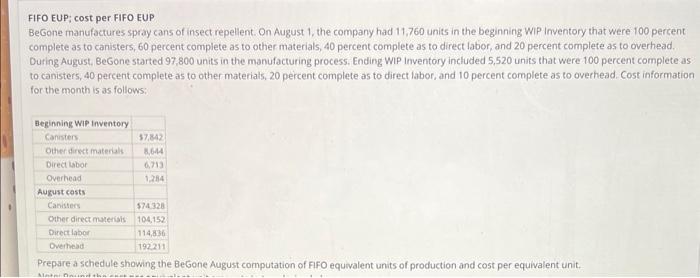 Solved FIFO EUP; cost per FIFO EUP BeGone manufactures spray | Chegg.com
