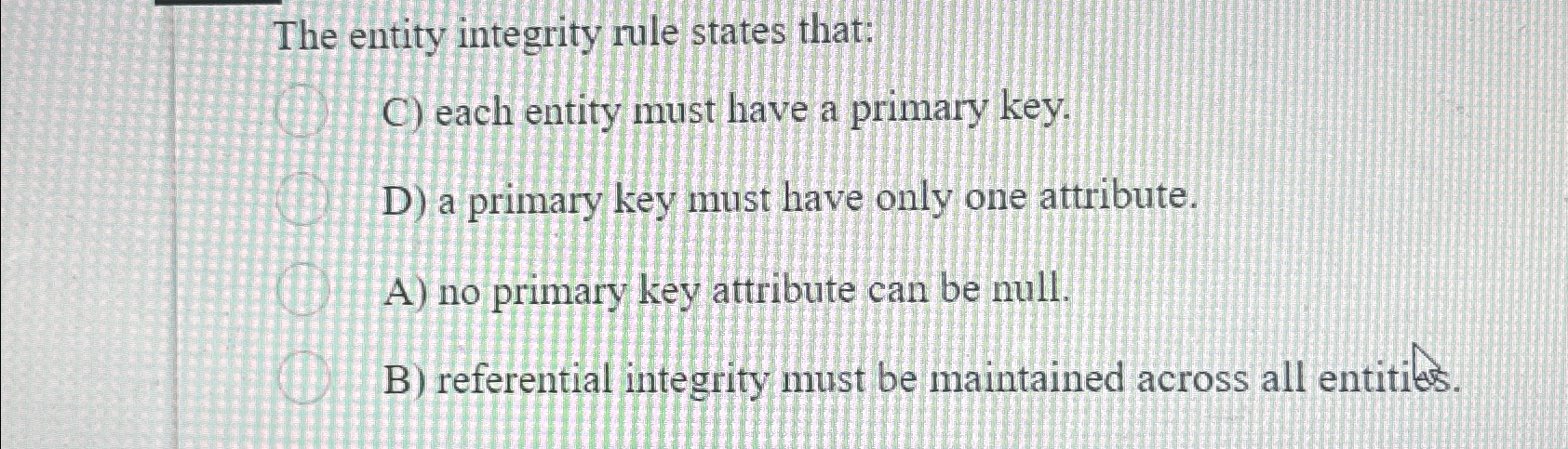 Solved The entity integrity rule states that:C) ﻿each entity | Chegg.com