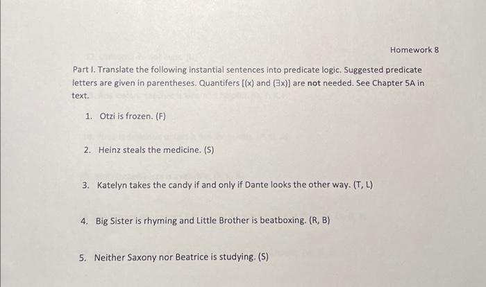 Part I. Translate the following instantial sentences | Chegg.com