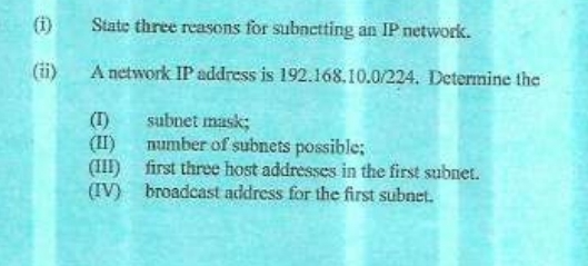 Solved (i) ﻿State three reasons for subnetting an IP | Chegg.com