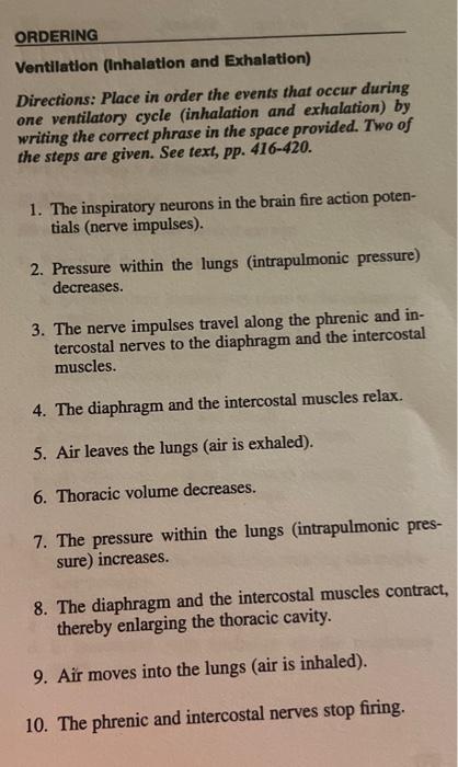 Solved ORDEAING Ventilation (Inhalation and Exhalation) | Chegg.com