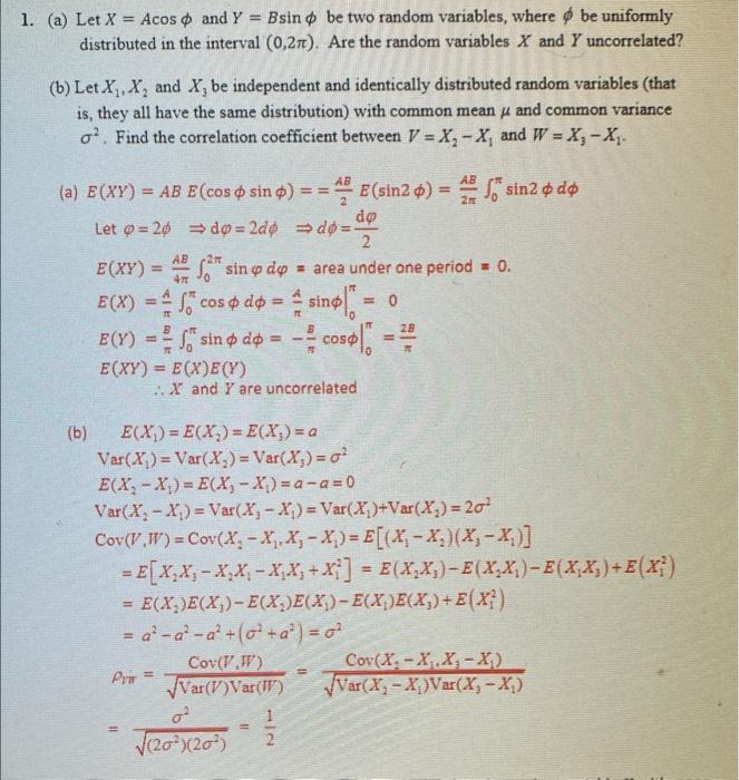 Solved (a) Let X=Acosϕ and Y=Bsinϕ be two random variables, | Chegg.com