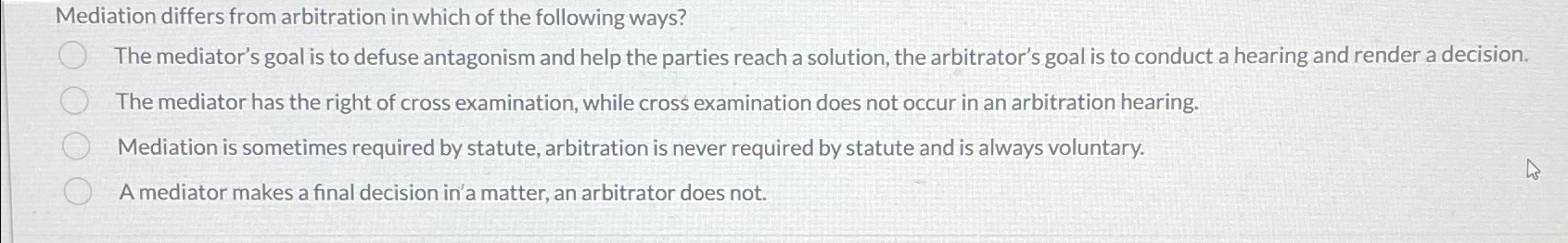 Solved Mediation differs from arbitration in which of the | Chegg.com
