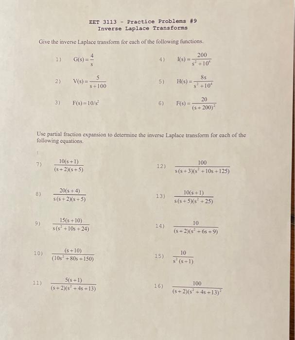 Solved EET 3113 - Practice Problems #9 Inverse Laplace | Chegg.com