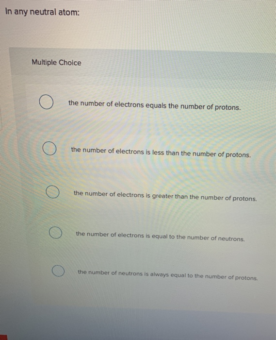 Solved In any neutral atom: Multiple Choice the numbe O the | Chegg.com