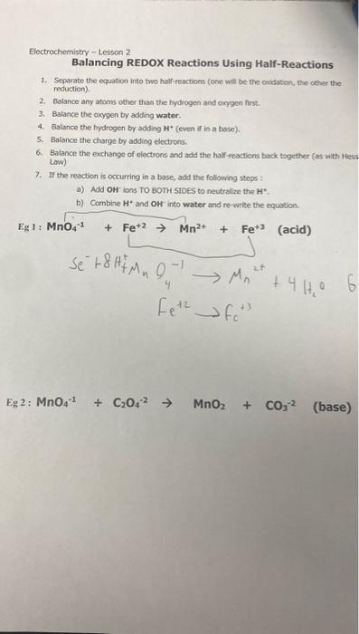 Solved Electrochemistry - Lesson 2 Balancing REDOX Reactions | Chegg.com