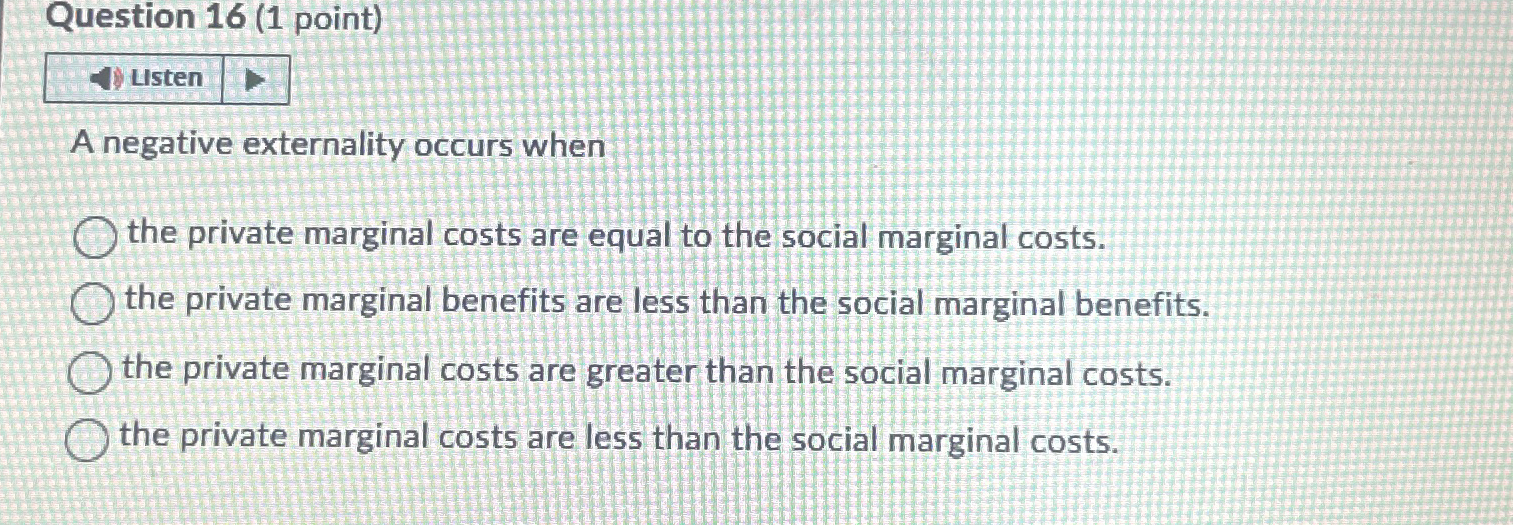 Solved Question 16 (1 ﻿point)ListenA negative externality | Chegg.com