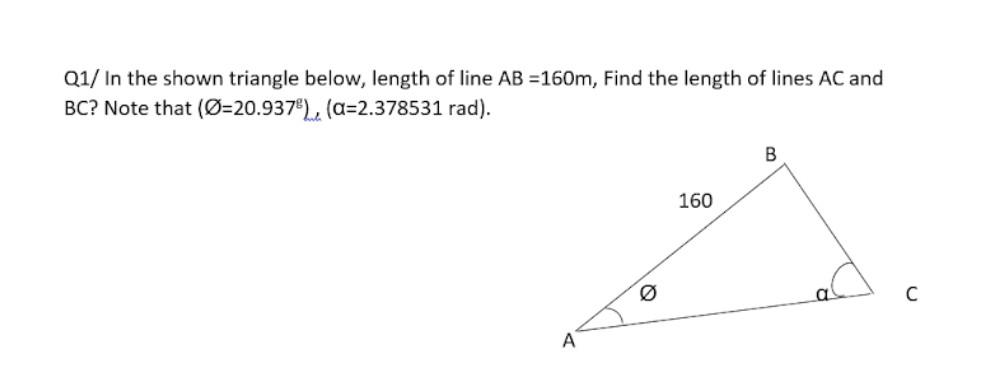 Solved Q1/ In the shown triangle below, length of line AB | Chegg.com