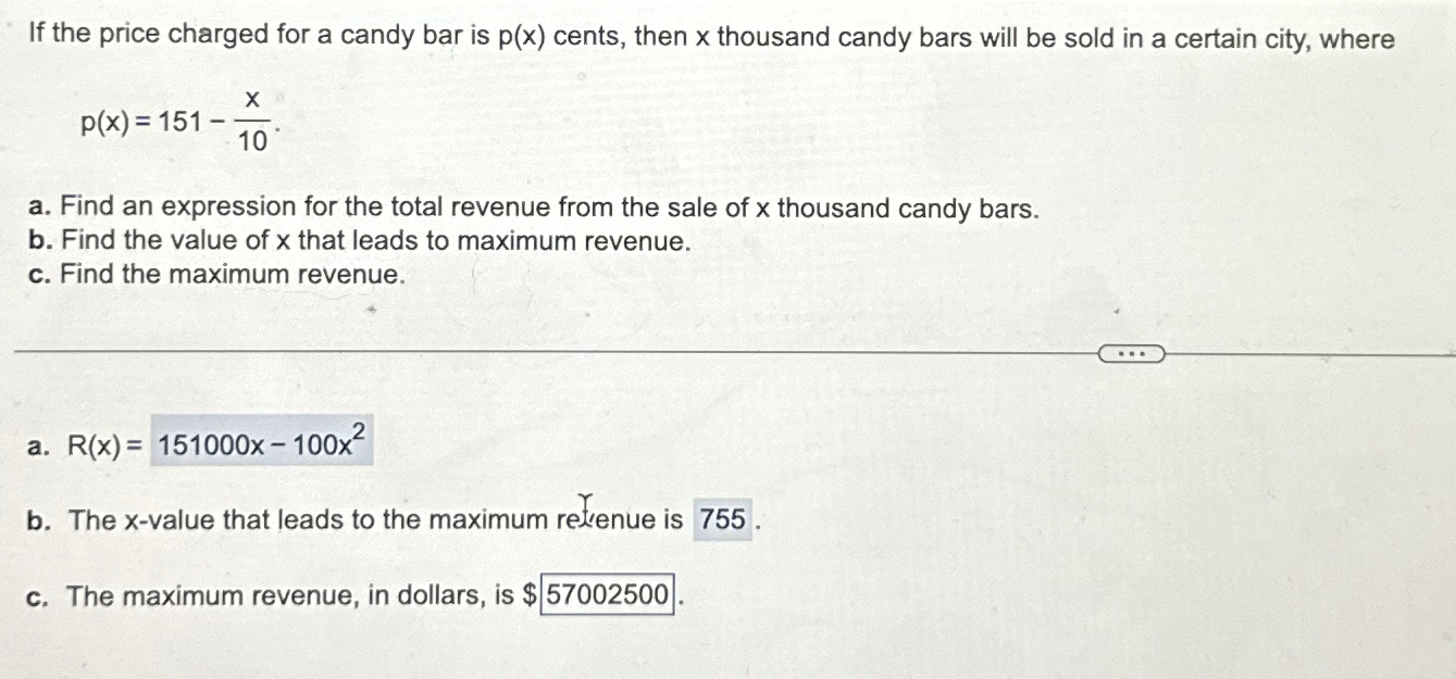 Solved If the price charged for a candy bar is p(x) ﻿cents, | Chegg.com