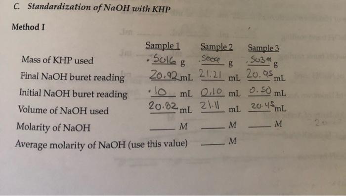 Solved C. Standardization of NaOH with KHP Method I . Soles | Chegg.com