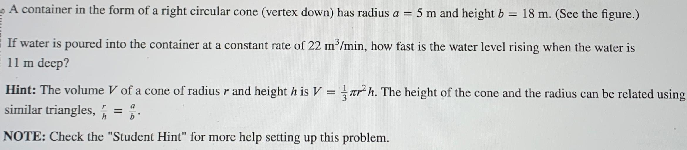Solved A container in the form of a right circular cone | Chegg.com