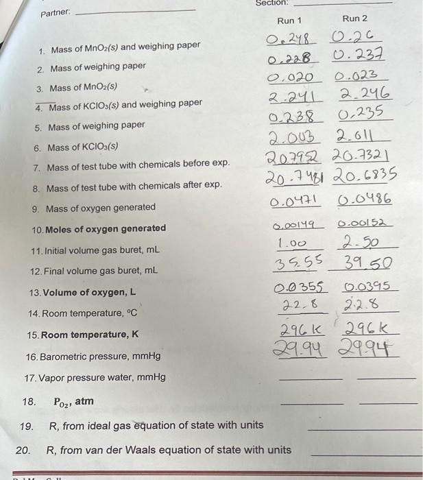 Solved partner: 1. Mass of MnO2(s) and weighing paper 2. | Chegg.com
