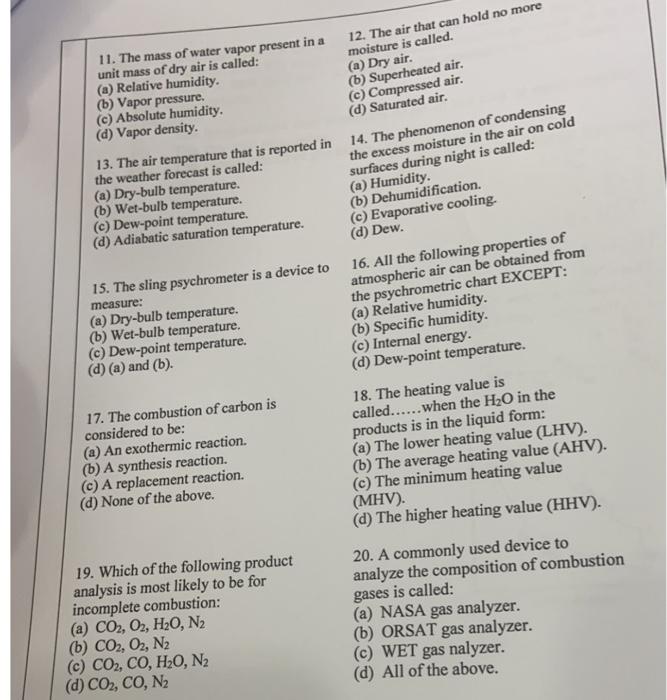 Solved 11. The mass of water vapor present in a unit mass of | Chegg.com