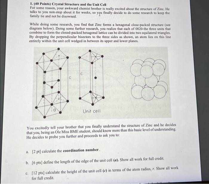 Solved 1. (40 Points) Crystal Structure and the Unit Cell | Chegg.com