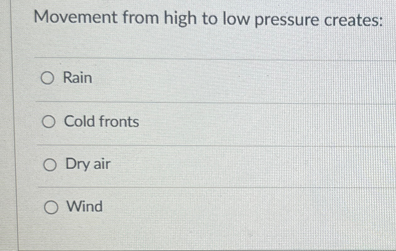 Solved Movement from high to low pressure creates:RainCold | Chegg.com