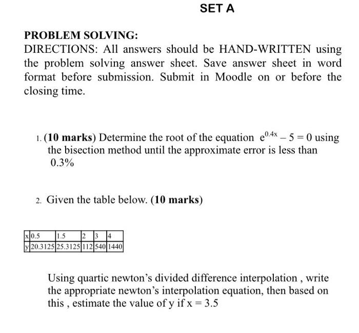 Solved SET A PROBLEM SOLVING: DIRECTIONS: All answers should | Chegg.com