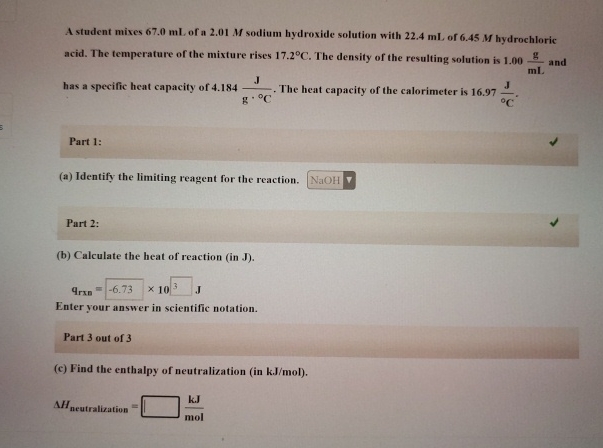 Solved Find the enthalpy of neutralization (in kJ/mol) | Chegg.com