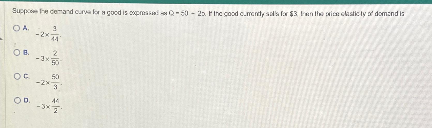 Solved Suppose the demand curve for a good is expressed as | Chegg.com