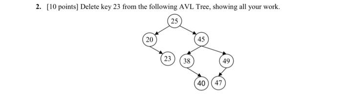 Solved 2. [ 10 points] Delete key 23 from the following AVL | Chegg.com