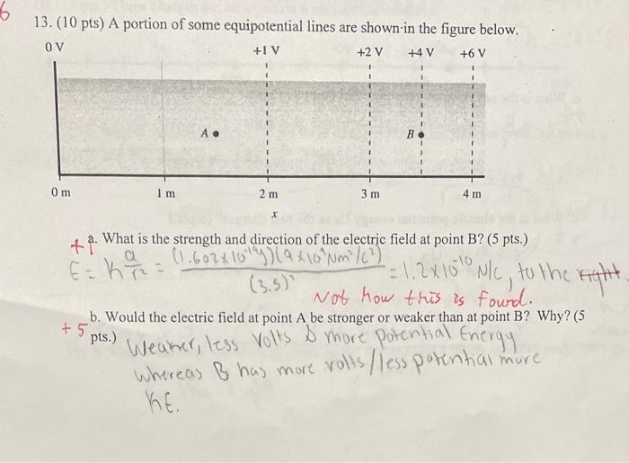 Solved 13. (10 pts) A portion of some equipotential lines | Chegg.com