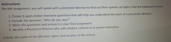 Solved InstructionsFor this assignment, you will speak with | Chegg.com