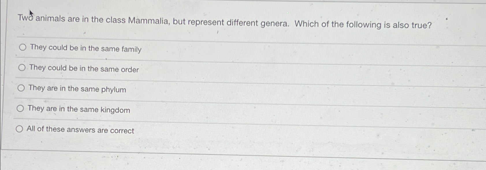 Solved Twd animals are in the class Mammalia, but represent | Chegg.com