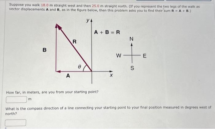 Solved Suppose you walk 18.0 m straight west and then 25.0 m | Chegg.com