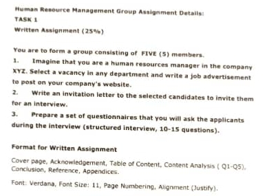 Solved Human Resource Management Group Assignment | Chegg.com