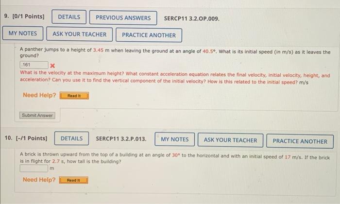 Solved A panther jumps to a height of 3.45 m when leaving | Chegg.com