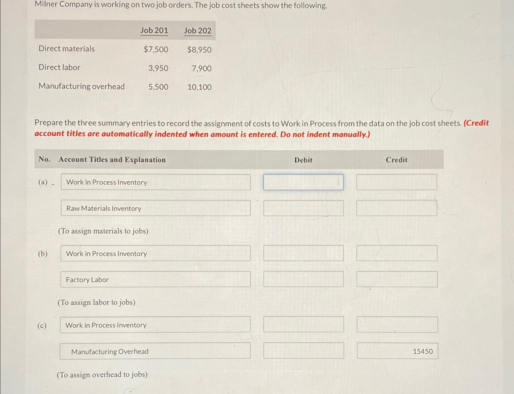 Solved Milner Company is working on two job orders. The job | Chegg.com