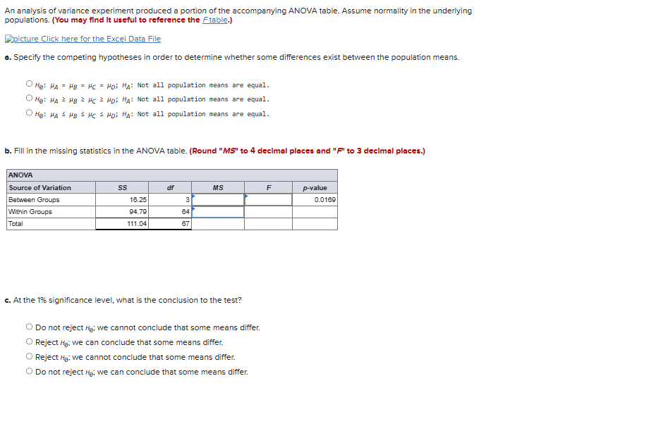 Solved An Analysis Of Variance Experiment Produced A Portion