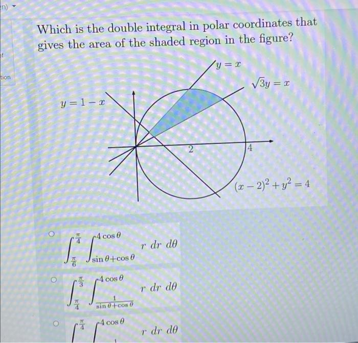 Solved en) Which is the double integral in polar coordinates | Chegg.com