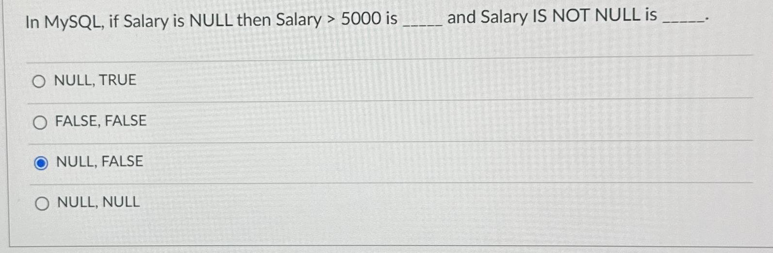 Solved In MySQL, ﻿if Salary is NULL then Salary >5000 ﻿is | Chegg.com