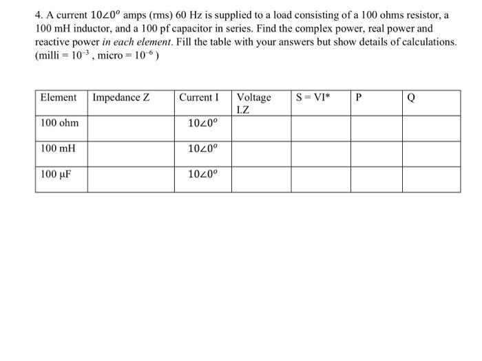 Solved 4. A current 10∠0∘ amps (rms) 60 Hz is supplied to a | Chegg.com