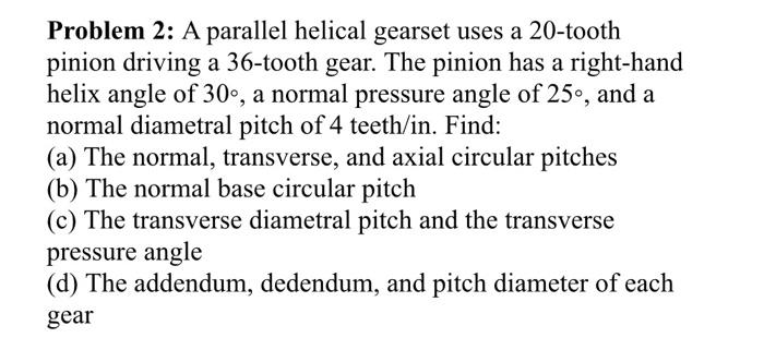 Problem 2: A parallel helical gearset uses a 20-tooth | Chegg.com