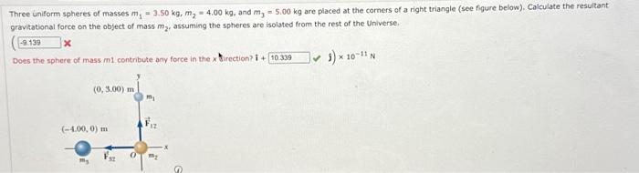 Solved Three uniform spheres of masses m1=3.50 kg,m2=4.00 | Chegg.com