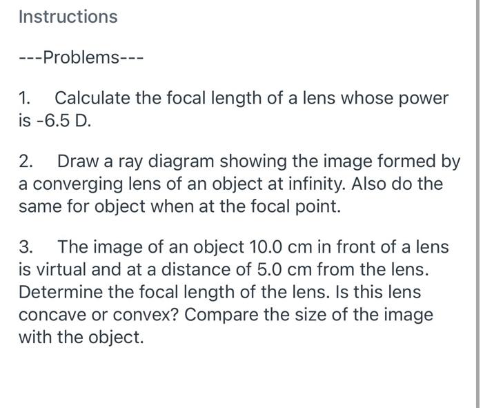 Solved Instructions ---Problems--- 1. Calculate the focal | Chegg.com