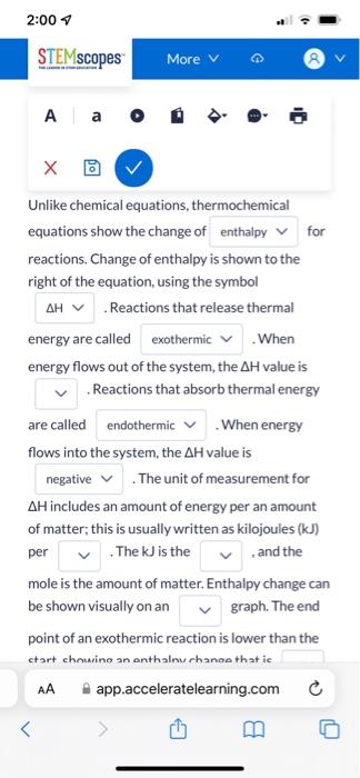 Solved 2:00 STEMscopes More v A Х Unlike chemical equations, | Chegg.com