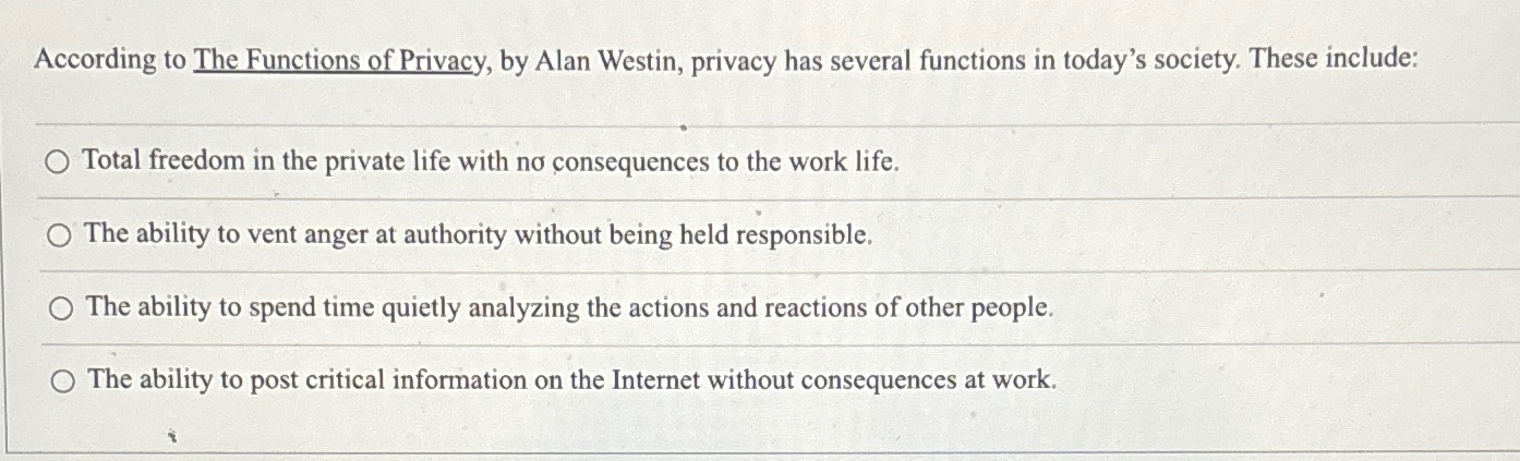According to The Functions of Privacy, by Alan | Chegg.com
