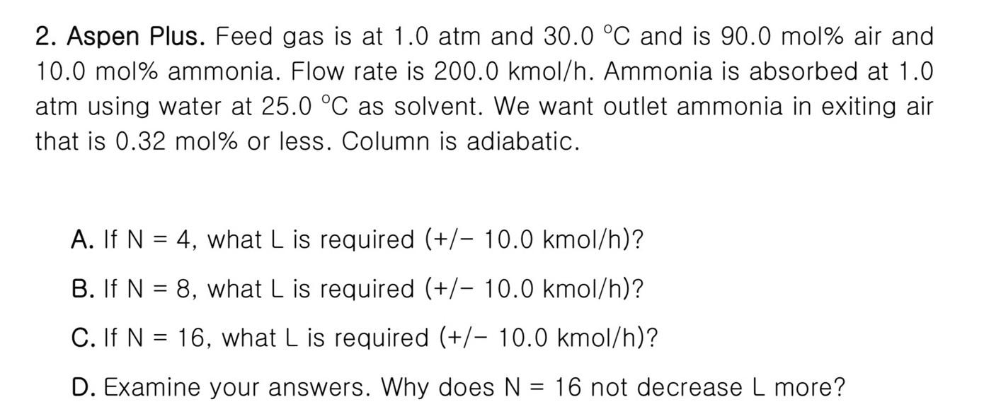 Solved 2. Aspen Plus. Feed gas is at 1.0 atm and 30.0∘C and | Chegg.com