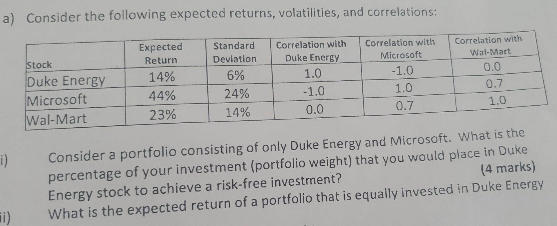 Solved a) Consider the following expected returns, | Chegg.com