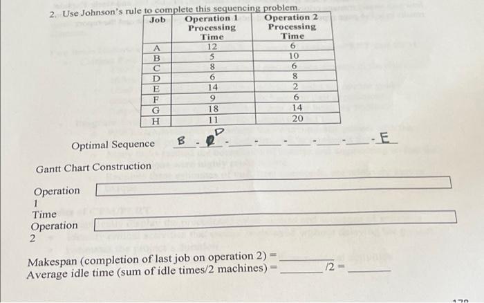Solved 10 2. Use Johnson's rule to complete this sequencing | Chegg.com