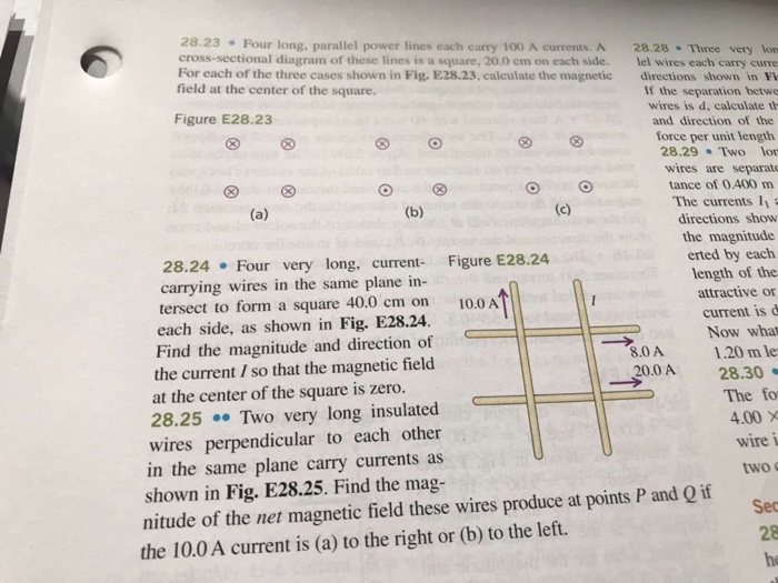 Solved 28.23 - Four long. parallel power lines each carry | Chegg.com