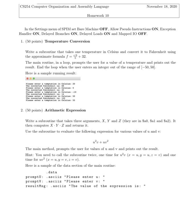 Solved November 18, 2020 CS254 Computer Organization and | Chegg.com