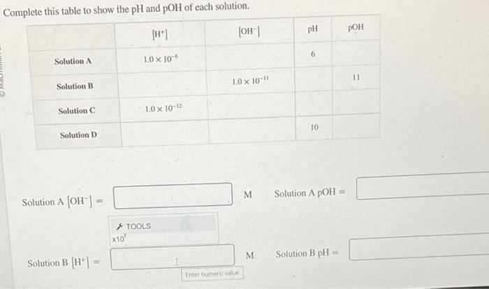 Solved Comnlete this table to show the pH and pOH of each | Chegg.com